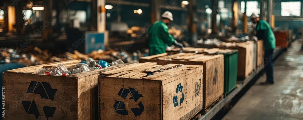 Workers sorting recyclable materials in a recycling plant, with wooden ...
