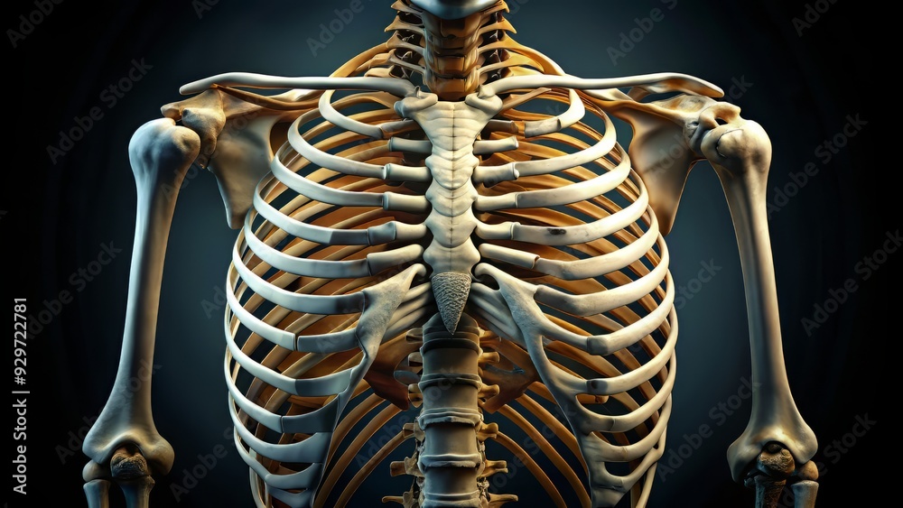 Macro view of a human ribcage skeleton, showing detailed structure of ...