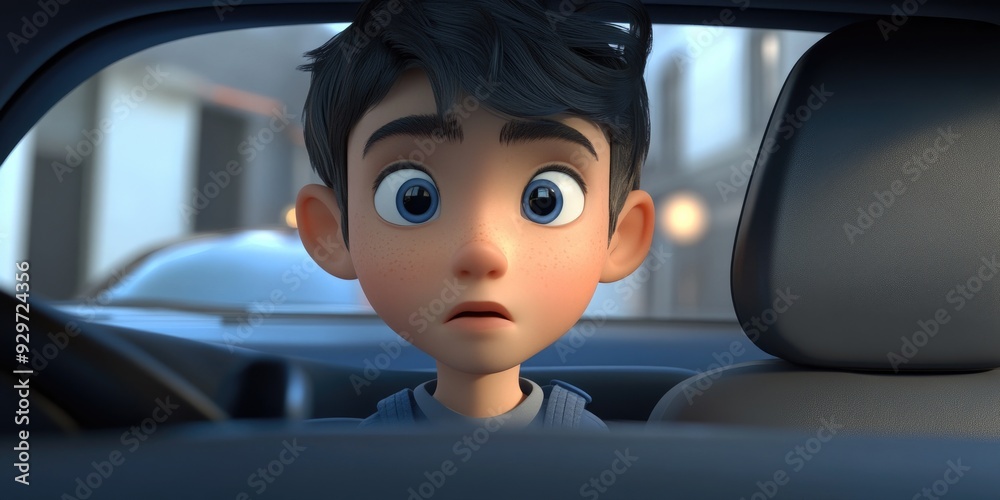 3D cartoon boy sitting in a car back seat peering through the rear ...