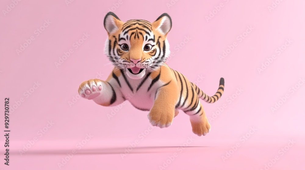 Adorable animated tiger cub jumping in the air with a pink background ...