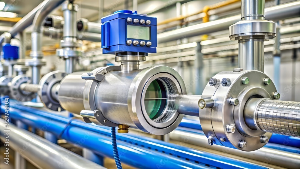 Modern industrial flow meter sensor attached to a metal pipe ...