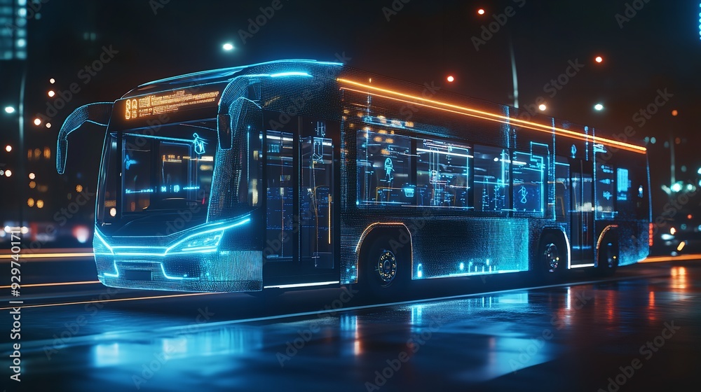 Self-driving bus with a minimalistic design, featuring a holographic ...