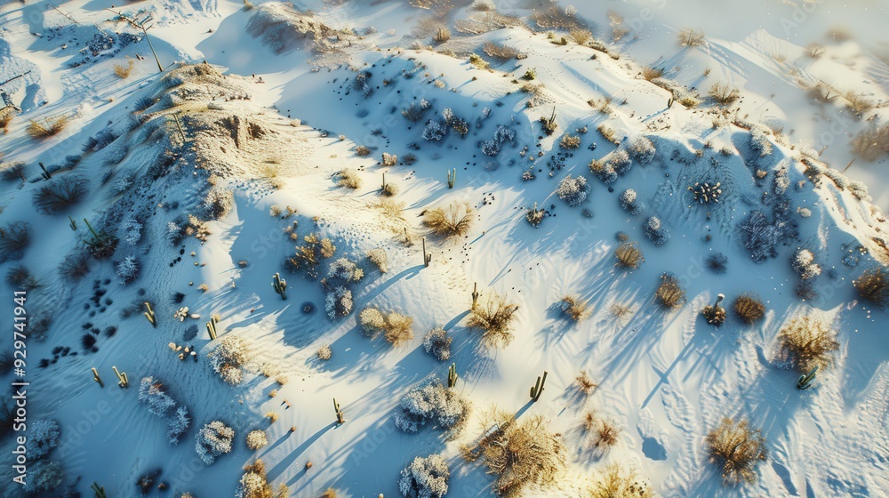 Present an aerial view of snowfall in a desert, capturing the rare ...