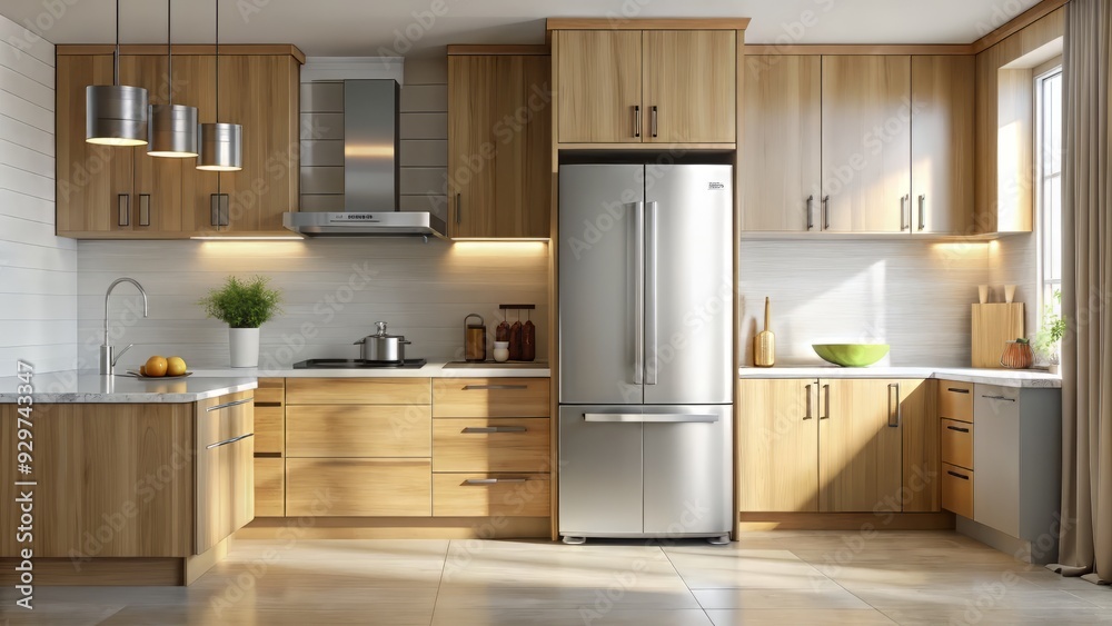 Modern refrigerator with a sleek silver handle reflecting light, set ...