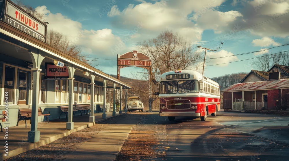 Show a long-distance bus at a quaint, historical bus station, with ...