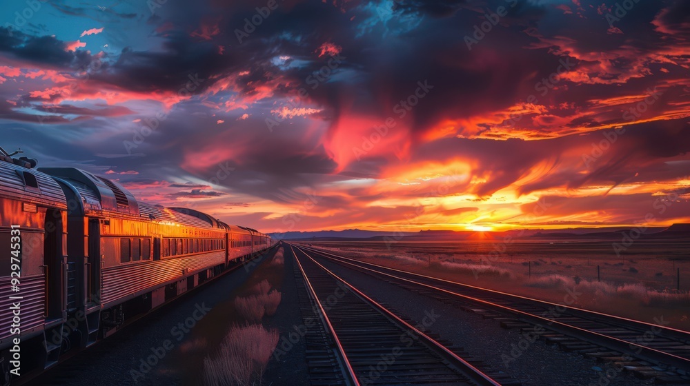 Show a passenger train at dusk with a dramatic sunset sky and long ...