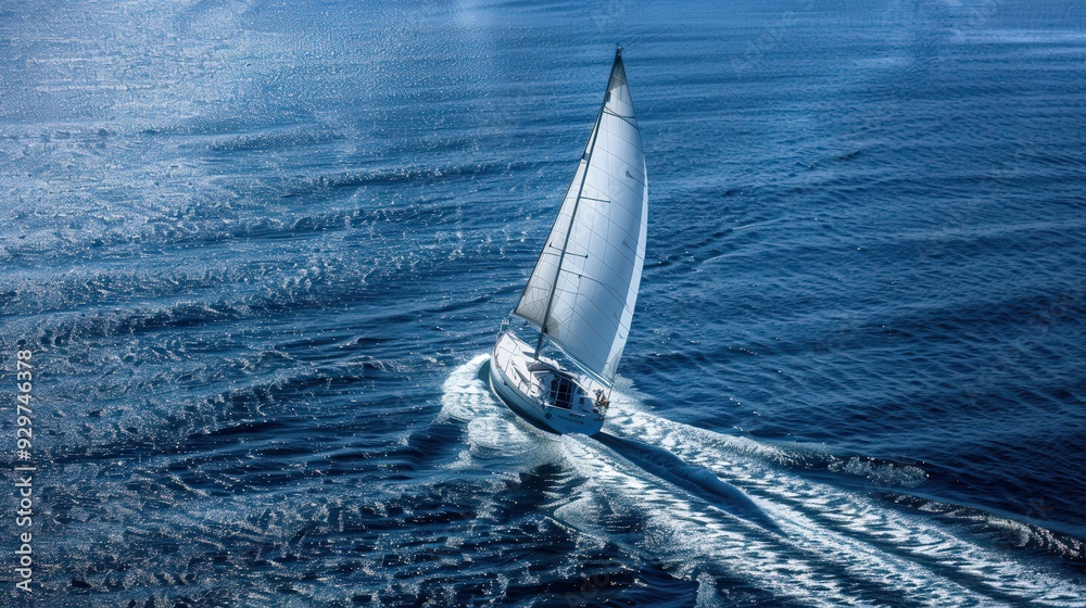 Show a sailboat making a graceful turn, with its sails angled and the ...