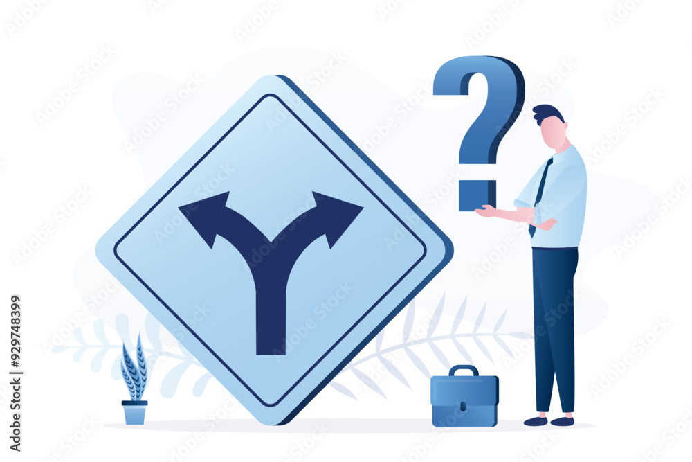 Businessman standing near giant crossroad and thinking which way to go ...