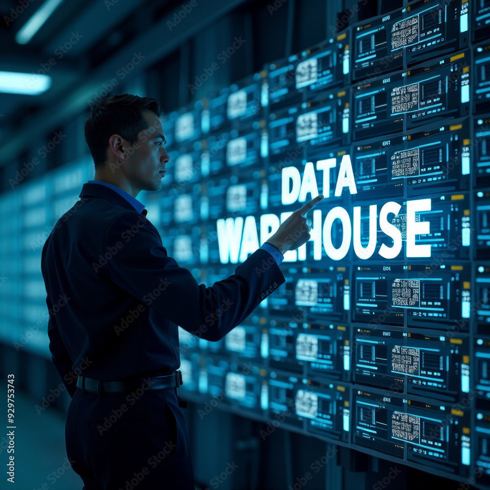 Futuristic data warehouse concept with an IT professional surrounded by ...