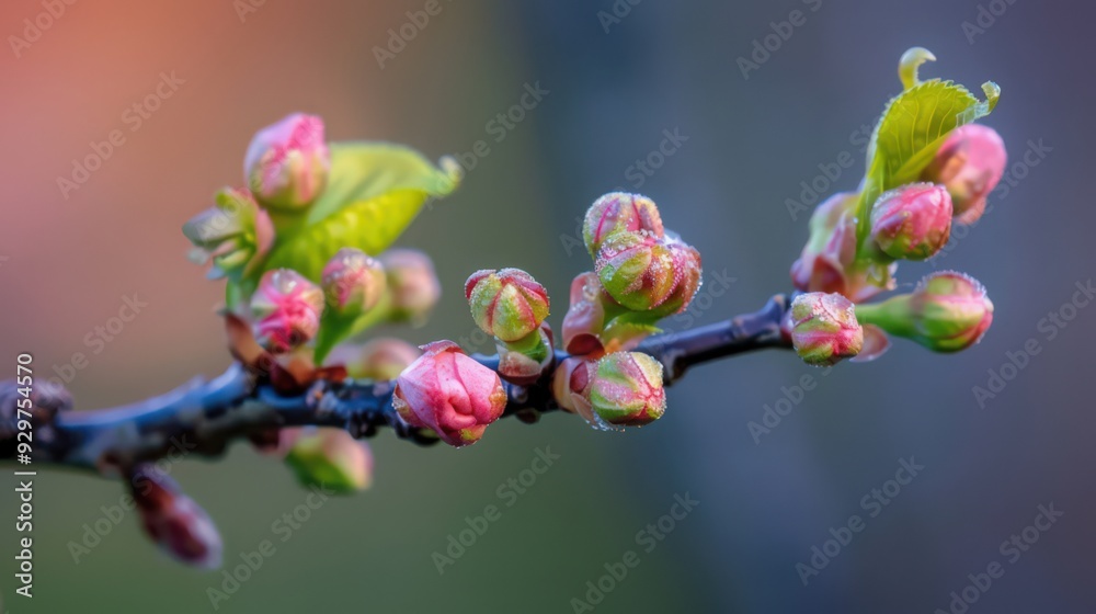 Tiny baby buds on a cherry tree branch, hinting at the blush of pink ...