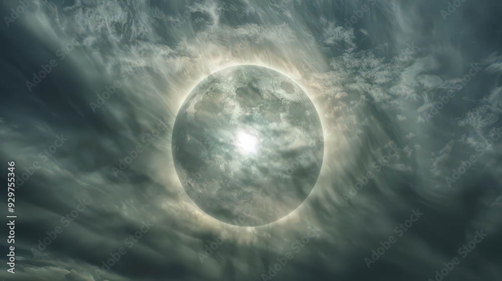 Visualize a serene view of cirrostratus clouds, creating a halo around ...