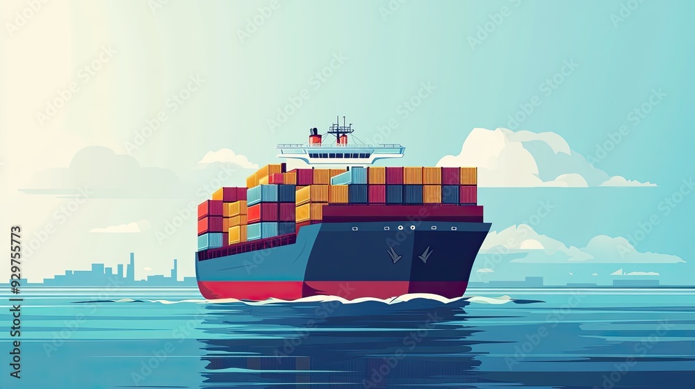 container ship in flat design front view maritime logistics cartoon ...