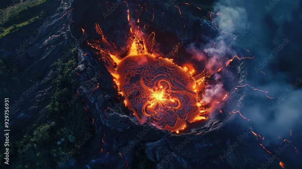 Visualize an aerial view of a volcano with a time-lapse effect, showing ...