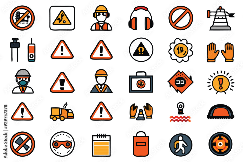 Industrial safety icon set with hazard, risk, and safety management ...