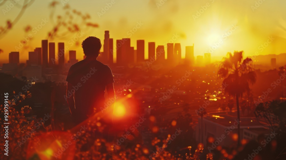 Visualize the Los Angeles skyline with a lens flare effect, adding a ...