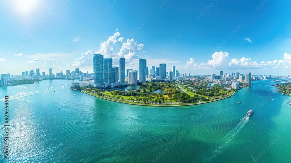 Visualize the Miami skyline from a bird's-eye view, capturing the ...