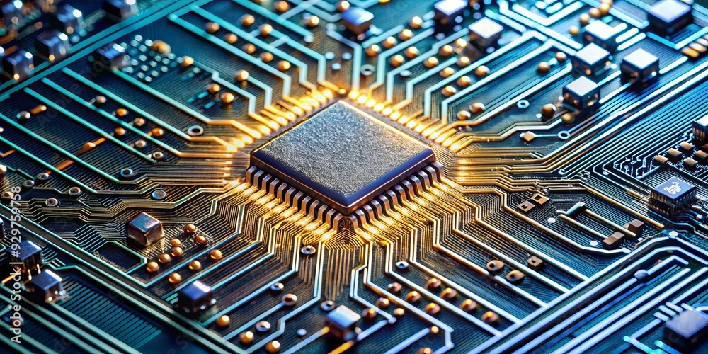 Intricate patterns of microscopic transistors, circuits, and wires on a ...