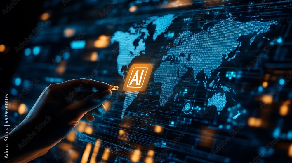 AI ,Business visionary points to AI letter icon on a world map, symbolizing the strategic ...