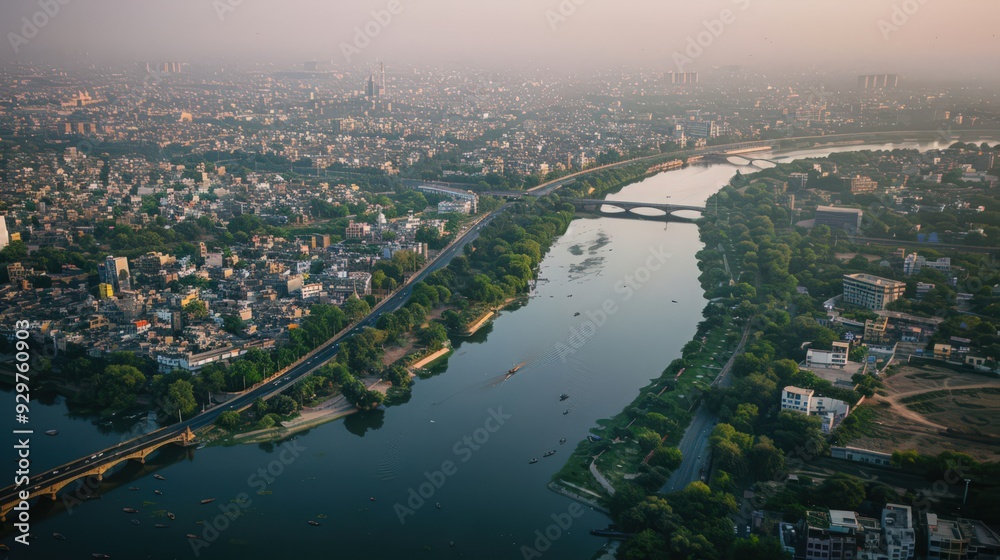 Visualize the Yamuna River winding through Delhi, seen from above with ...