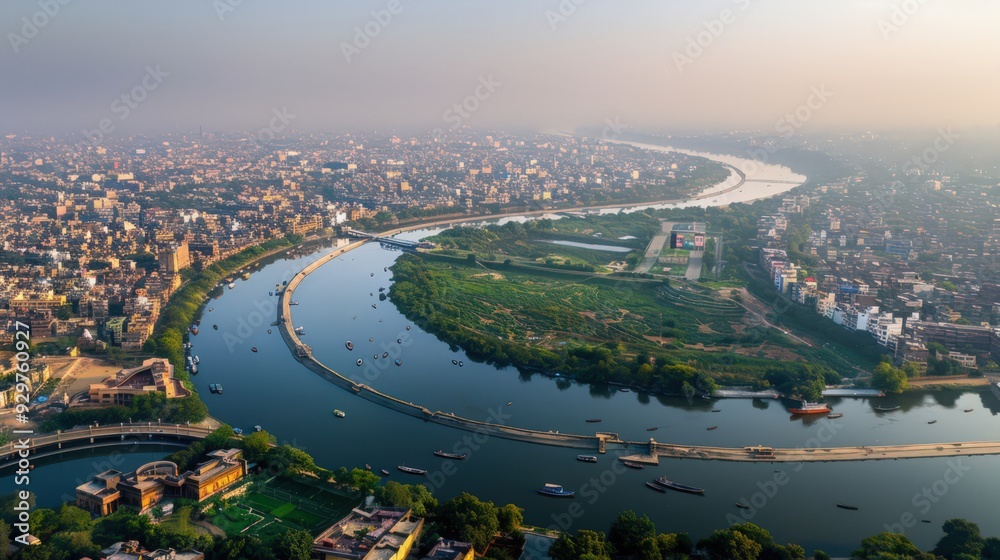 Visualize the Yamuna River winding through Delhi, seen from above with ...