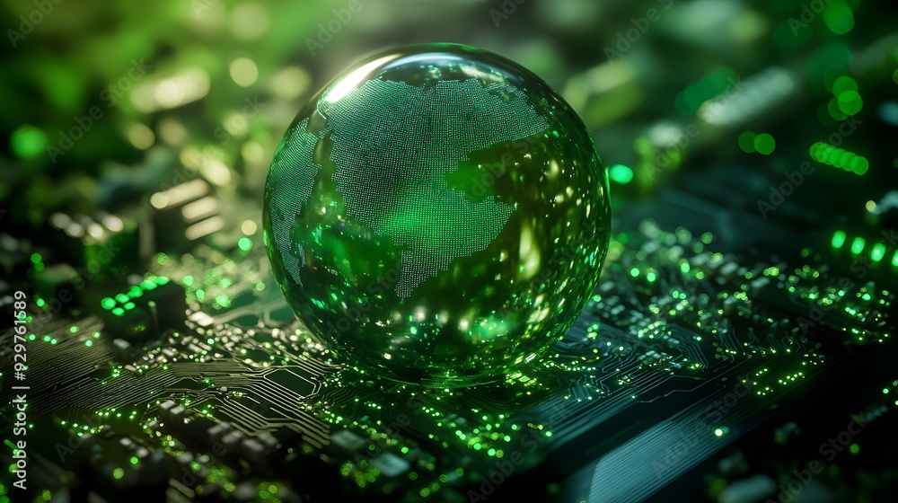 Concept of green technology. crystal globe on circuit board technology ...