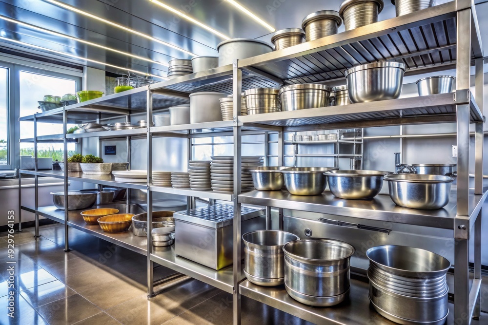 Sparkling stainless steel shelves, spotless countertops, and organized ...