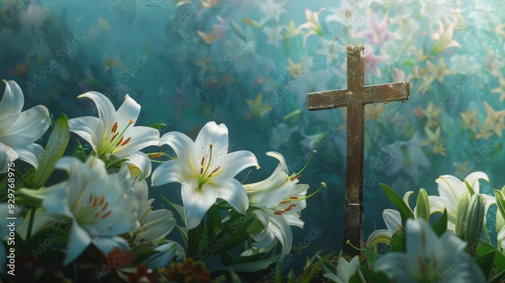 Depict an Easter background with a cross surrounded by lilies ...