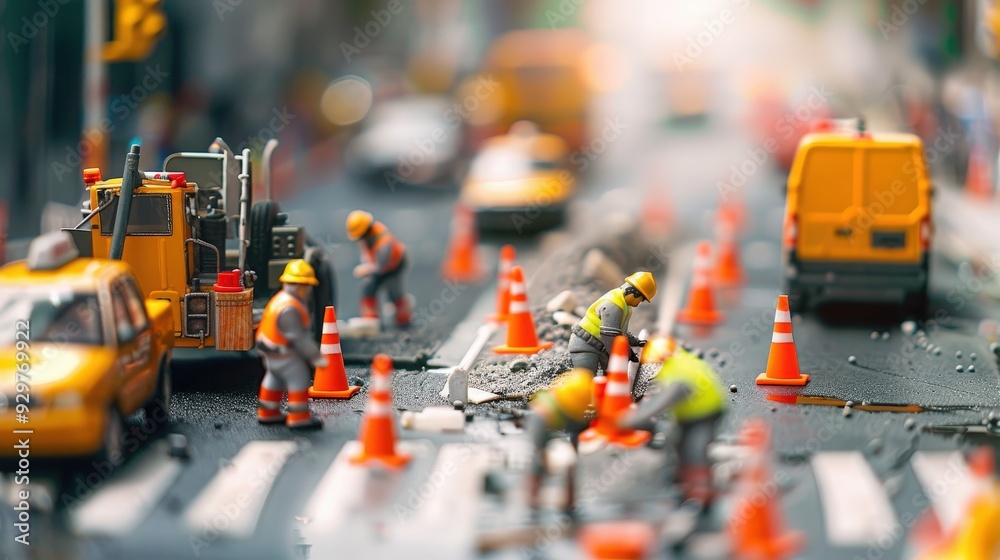 Depict road workers managing a traffic control setup, with workers ...