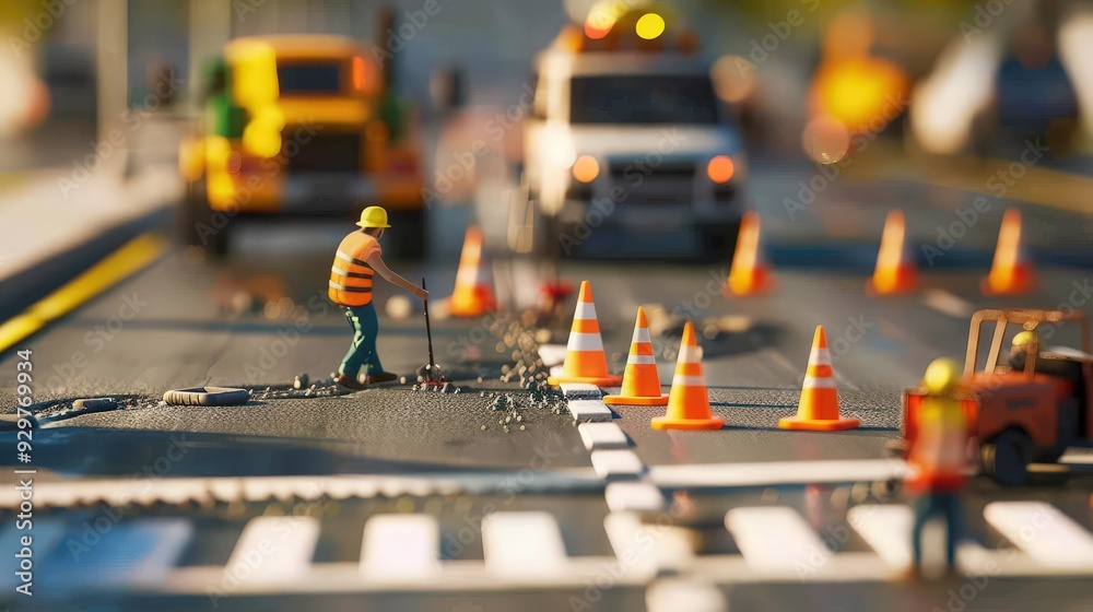 Depict road workers managing a traffic control setup, with workers ...