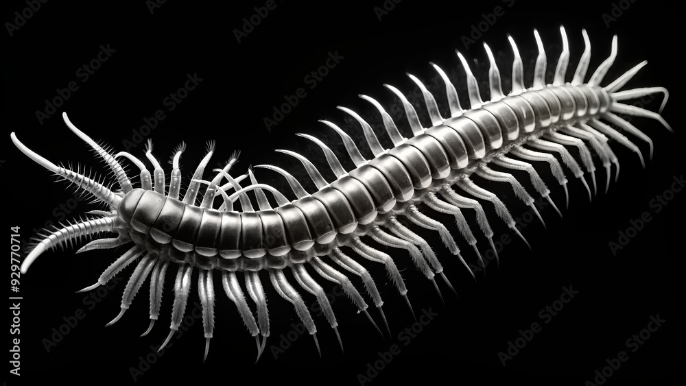 High-contrast black and white macro photograph of a centipede's ...