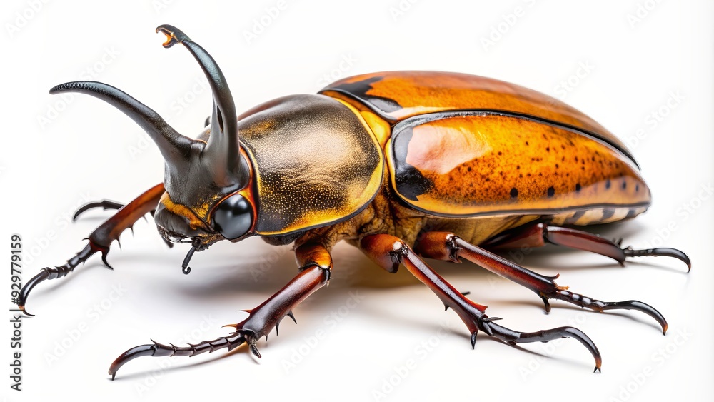 Large brown and orange male Hercules beetle with impressive curved ...