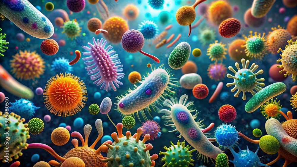 Colorful 3D rendered illustration of various bacteria microorganisms ...