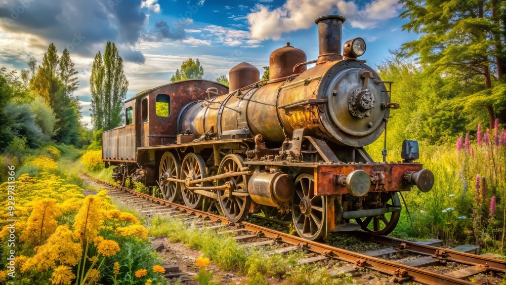 Rusty old steam locomotive with worn wooden wheels and faded letters ...