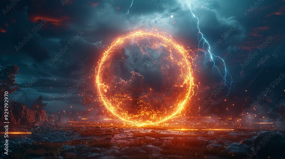 Glowing magic runes forming a circle amidst a thunderstorm, with ...