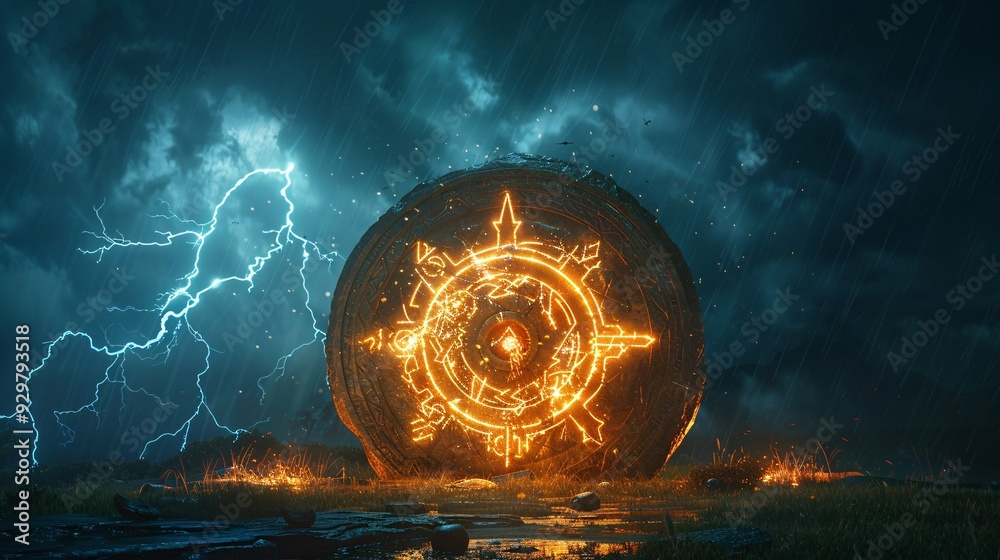 Illuminated runes arranged in a circle, lightning flashing during a ...
