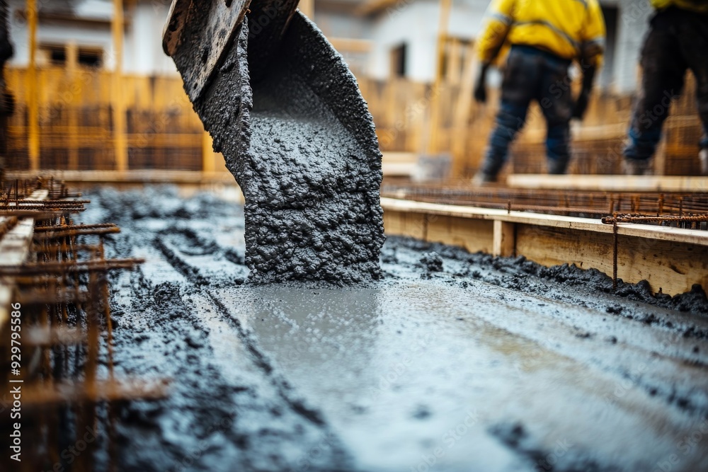 Workers at a construction site are pouring fresh concrete into wooden ...
