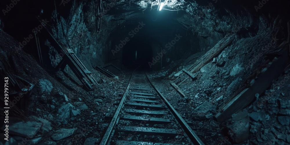 Abandoned Mine Exploration: Rusty Trolley Tracks Winding Through Dark ...