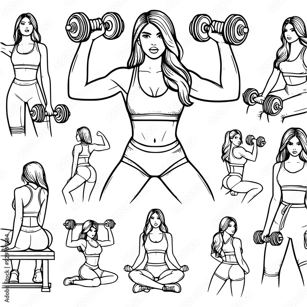 Continuous line drawing female Fitness girl bodybuilder collections ...