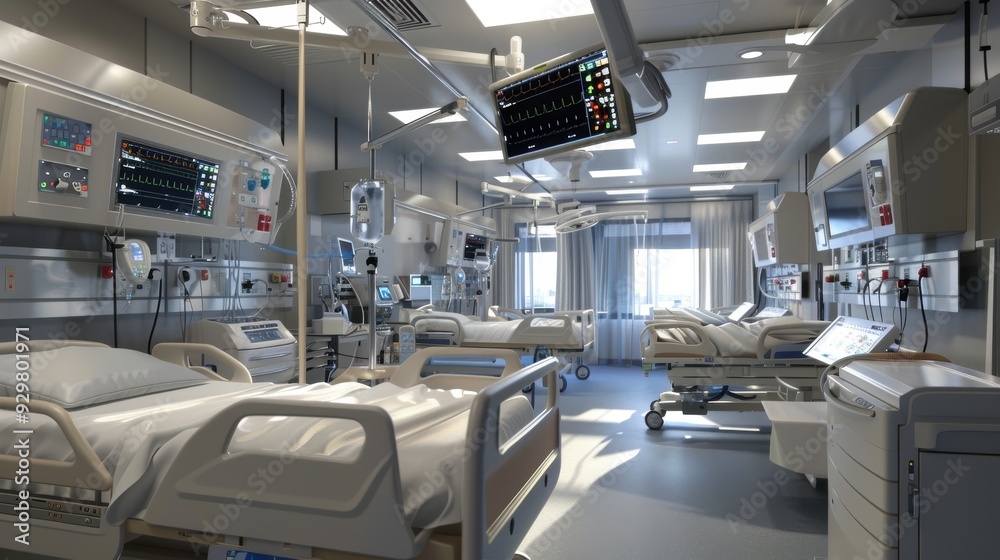 An ICU room setup featuring advanced patient monitors, infusion pumps ...