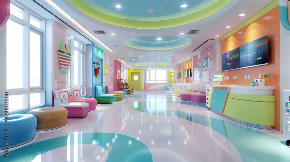 Detailed 3D model of a pediatric ward in a hospital with brightly ...