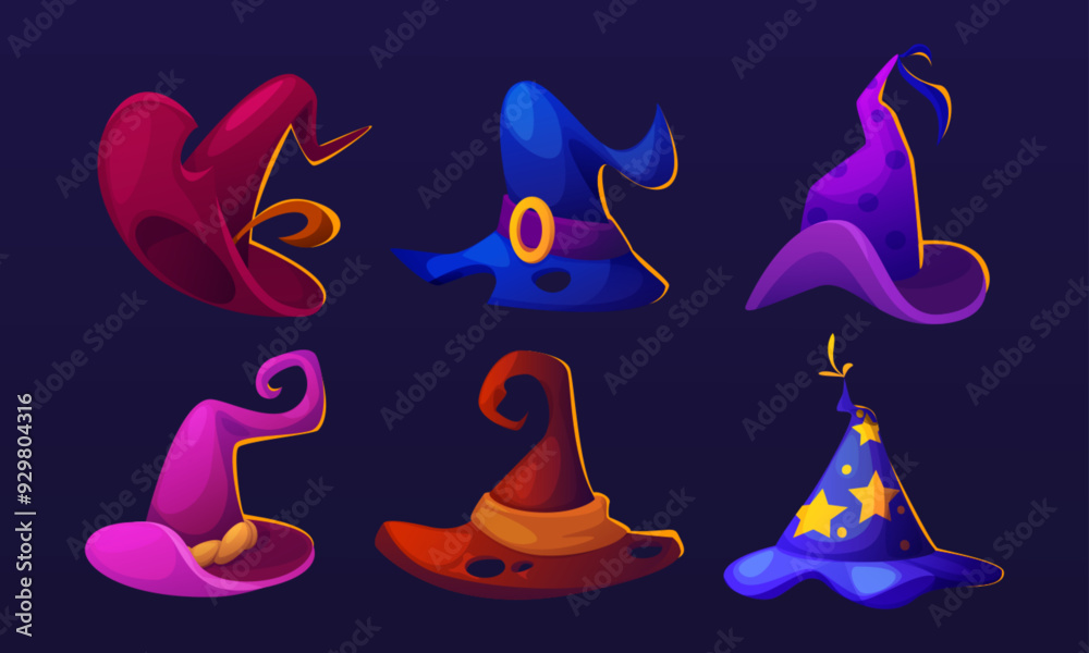 Magic fairy witch cap with pointy end and decorative elements. Cartoon ...