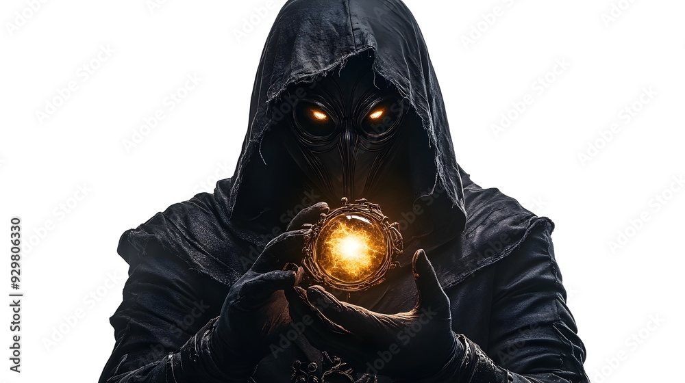 Enigmatic scholar in a plague doctor Halloween mask, holding a glowing ...