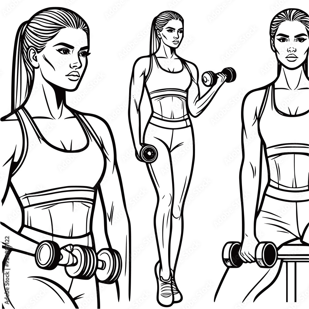 Continuous line drawing female Fitness girl bodybuilder collections holding dumbbell vector ...