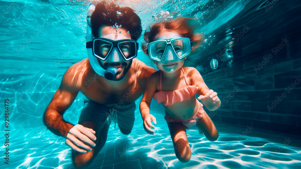 Father and child swim underwater in diving mask in pool on summer ...