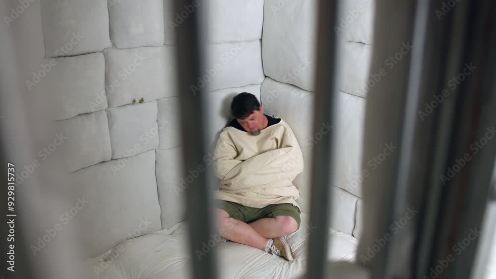 A crazy man wearing a straitjacket sitting on the floor of a padded room cell, viewed through ...