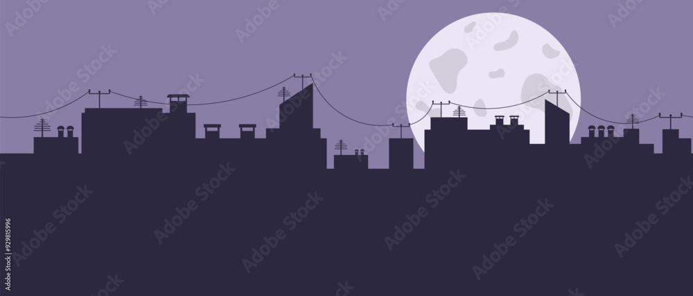 Horizontal city black panorama with violet sky and big full moon on ...