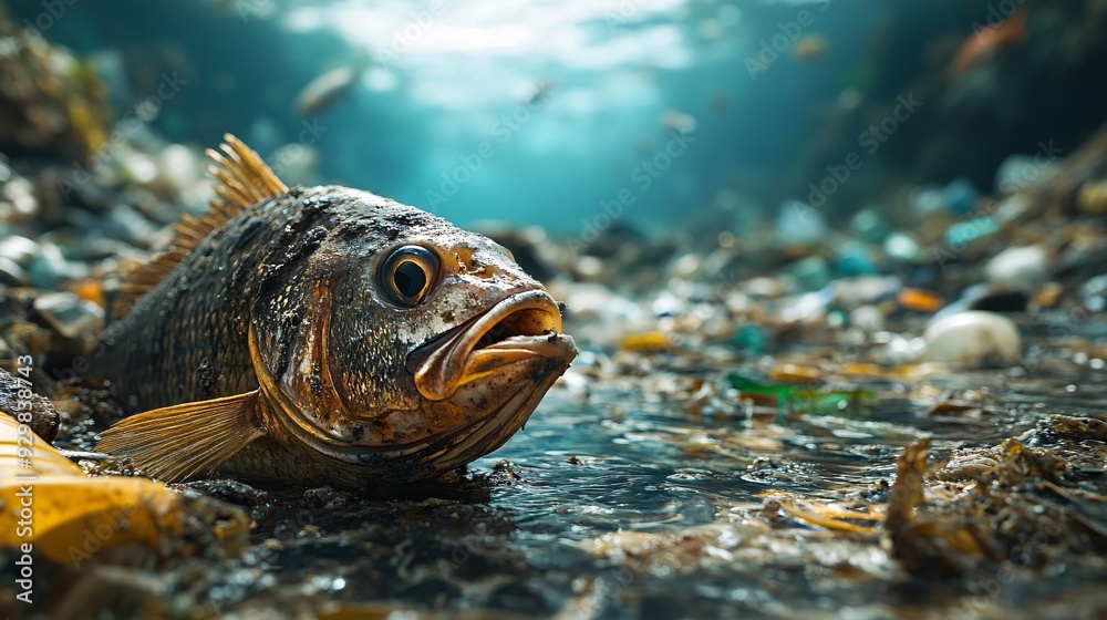 Polluted ocean scene with a dead fish and surrounding plastic waste ...
