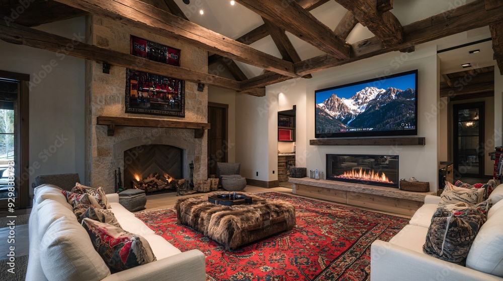 Gaming room with a cozy, rustic feel, featuring wooden beams, soft rugs ...
