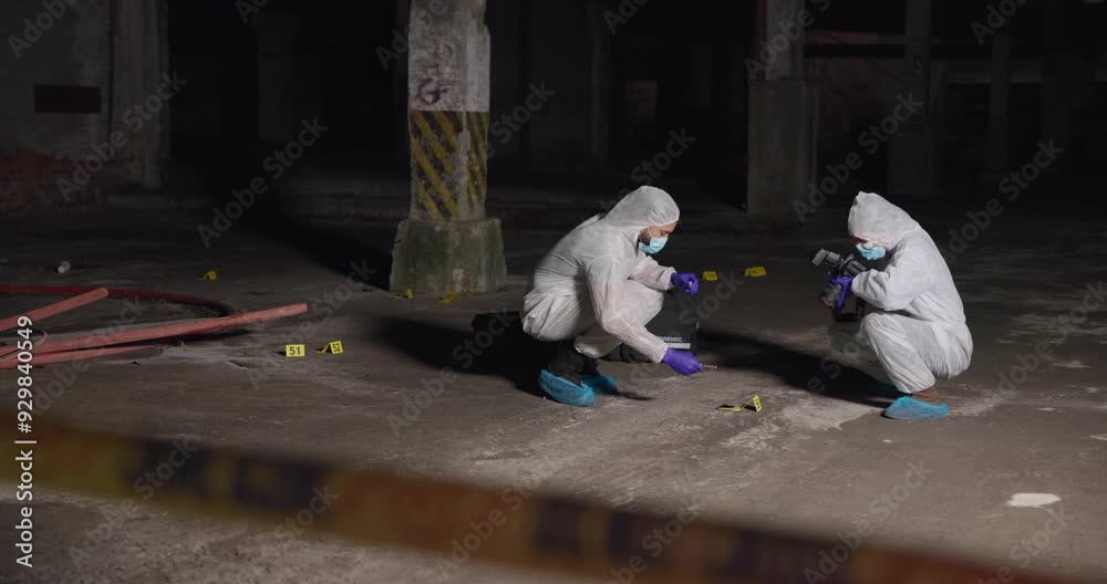 Forensic photographer, crime scene and person at night for ...