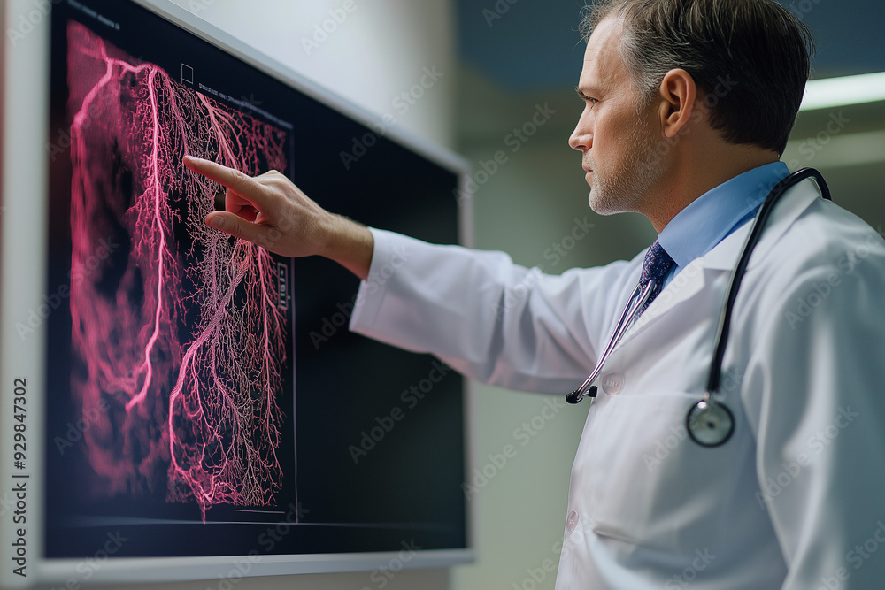 Cardiologist pointing at arteries and veins in a lung model during a ...